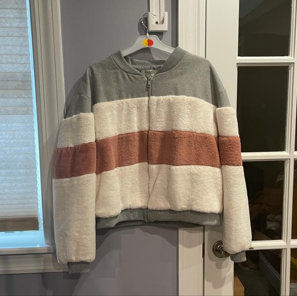 Faux Fur Colorblock Jacket - Gem